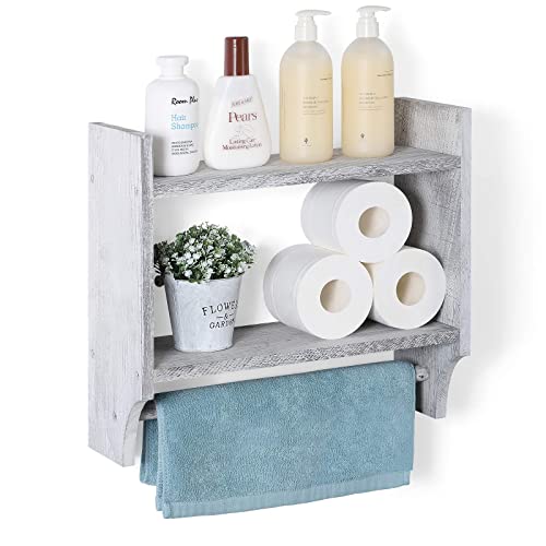 OYEAL Farmhouse Towel Rack Wall Mounted Bathroom Shelves Over Toilet Wood Wall Shelf with Towel Bar for Bathroom Kitchen Living Room, Rustic White