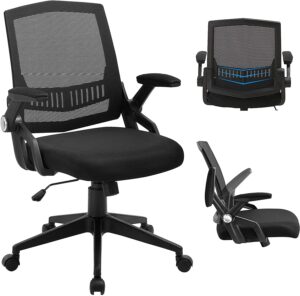 office chair, ergonomic office desk chair, mesh task computer chair with 90° flip-up arms, lumbar support and height adjustable & thick cushion, black