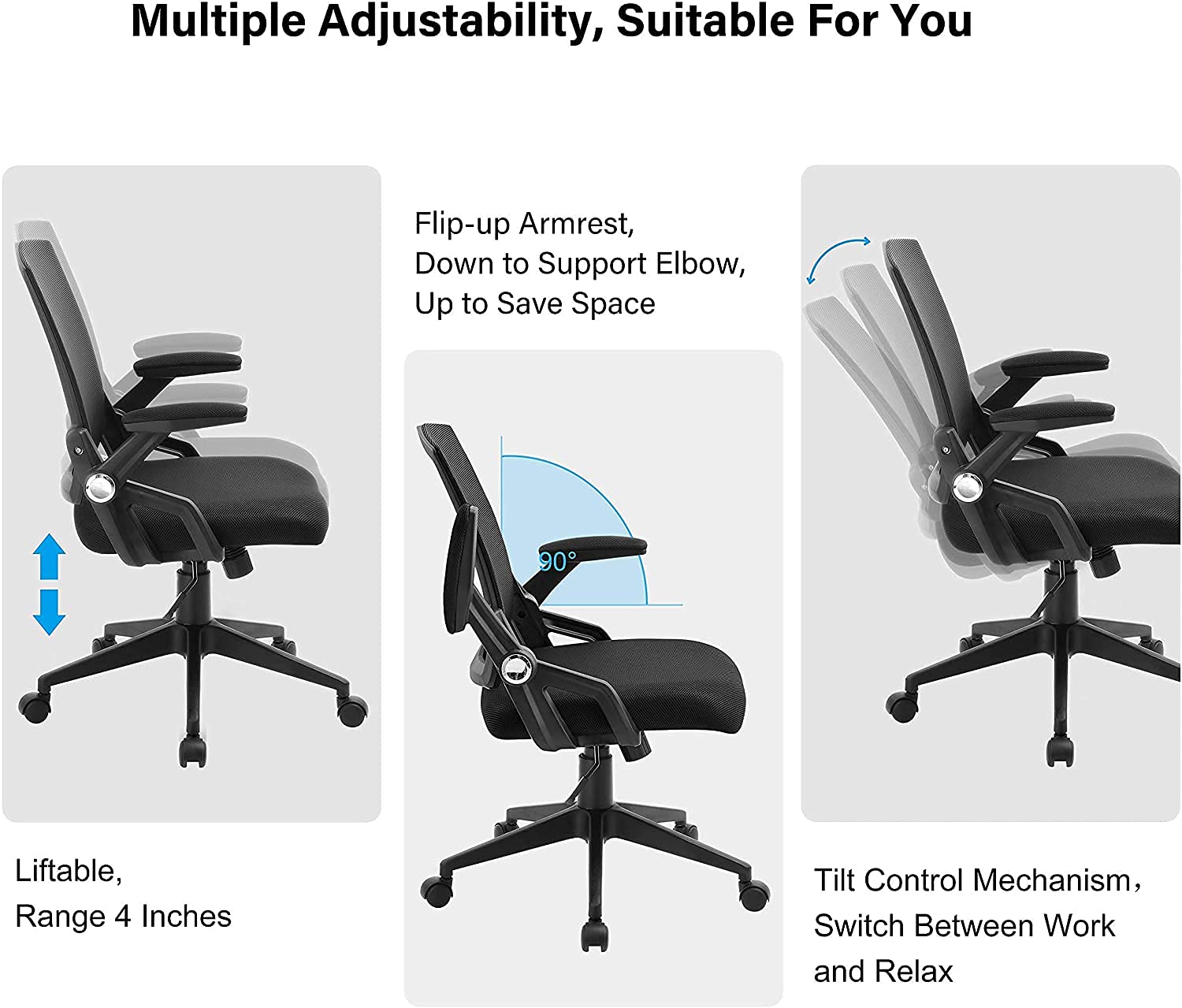 Office Chair, Ergonomic Office Desk Chair, Mesh Task Computer Chair with 90° Flip-up Arms, Lumbar Support and Height Adjustable & Thick Cushion, Black