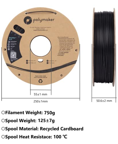 2.85mm(3mm) Tough PLA 2.85mm 3D Printer Filament, 750g Black PLA Filament Strong PLA - Polymaker PolyMax PLA 2.85 Black Filament High Impact Strength, Print with 2.85mm Openning 3D Printers Only