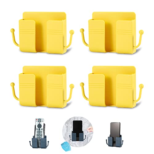 4 pieces Wall Mount Phone Holder Adhesive Wall Beside Organizer Storage Box Plastic with Hooks Remote Control Phone Brackets Holder Charging Phone Stand for Bedroom Living Room Bathroom(Yellow)