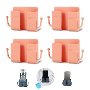 4 pieces wall mount phone holder adhesive wall beside organizer storage box plastic with hooks remote control phone brackets holder charging phone stand for bedroom living room bathroom (pink)