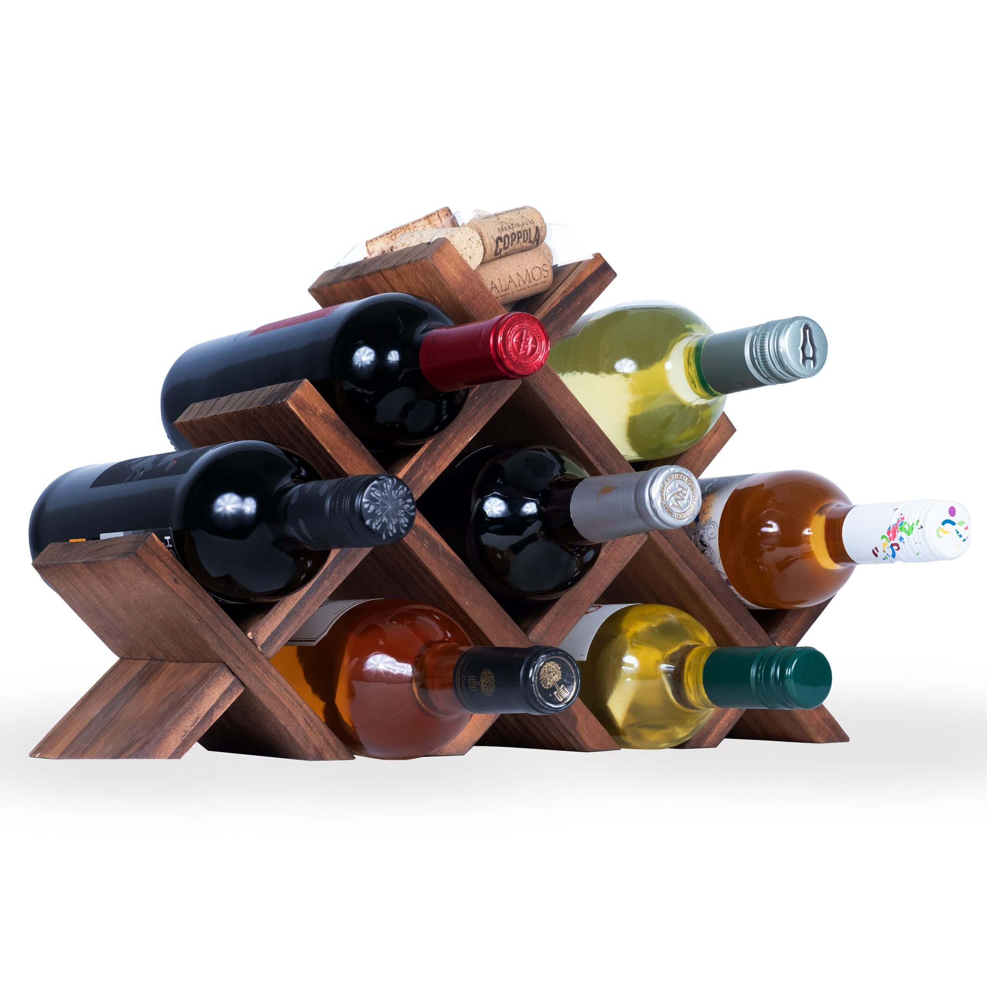 Rustic State Alella Countertop Wood Wine Rack for 8 Bottles Holder and Cork Storage Tabletop Butterfly Sleek Design Freestanding Organizer - Home, Kitchen, Dining Room Bar Décor - Walnut