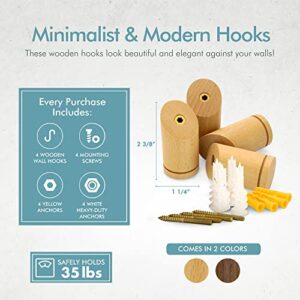 Haven Houz Beech Wood Wall Hooks, Wall-Mounted Wooden Wall Hooks, Handcrafted Wood Hooks, Modern Minimalist Wooden Pegs for Hanging Coats, Hats, and More, Holds Up to 35 lbs, Pack of 4