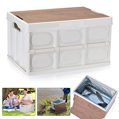 XCELLENT GLOBAL XG 55L Collapsible Storage Bin,Folding Storage Bins with Wooden Lid and Waterproof Insert Perfect for Groceries,Camping,Picnic