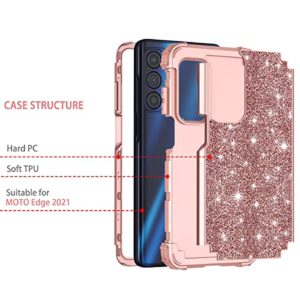 LONTECT Moto Edge 2021 Case, 5G UW Sparkly Glitter Shockproof Hybrid Protective Cover - Shiny Rose Gold