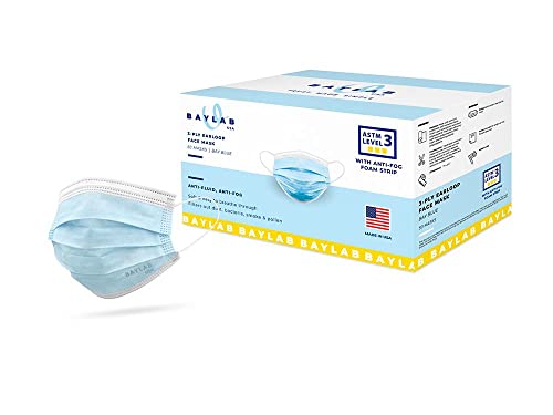 BAYLAB USA ASTM Level 3 Anti-Fog Disposable 3-Layer Face Masks, Bay Blue, Pack of 50