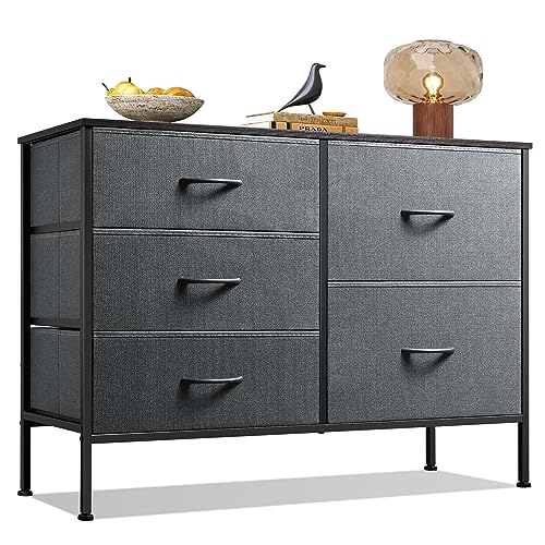 WLIVE Dresser for Bedroom with 5 Drawers, Wide Bedroom Dresser with Drawer Organizers, Chest of Drawers, Fabric Dresser for Living Room, Closet, Hallway, Nursery, Dark Grey