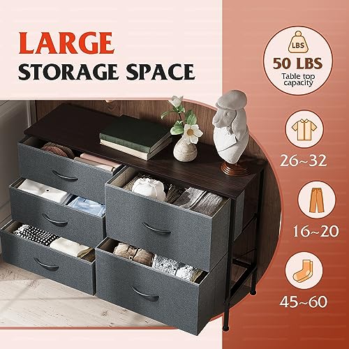 WLIVE Dresser for Bedroom with 5 Drawers, Wide Bedroom Dresser with Drawer Organizers, Chest of Drawers, Fabric Dresser for Living Room, Closet, Hallway, Nursery, Dark Grey