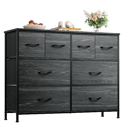 WLIVE Dresser for Bedroom with 8 Drawers, Wide Fabric Storage and Organization, Dresser, Chest of Drawers Living Room, Closet, Hallway, Nursery, Charcoal Black Wood Grain Print