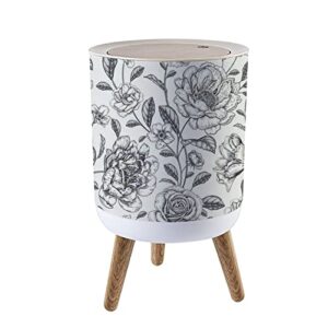 ibpnkfaz89 small trash can lid vintage seamless floral black white garden flowers roses garbage bin wood waste bin press cover round wastebasket bathroom kitchen 7l/1.8 gallon, 8.66x14.3inch