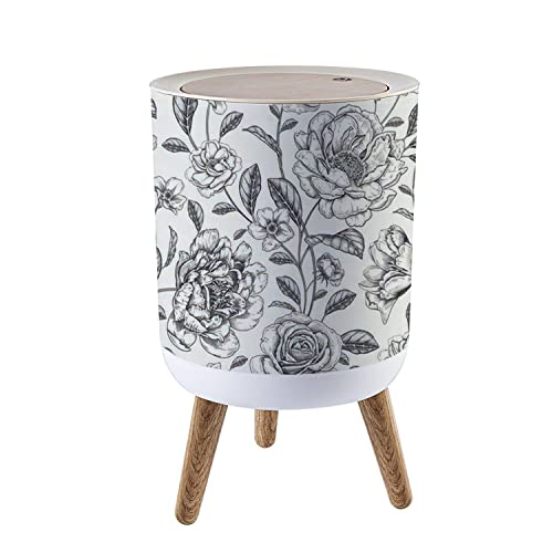 IBPNKFAZ89 Small Trash Can Lid Vintage Seamless Floral Black White Garden Flowers Roses Garbage Bin Wood Waste Bin Press Cover Round Wastebasket Bathroom Kitchen 7L/1.8 Gallon, 8.66x14.3inch