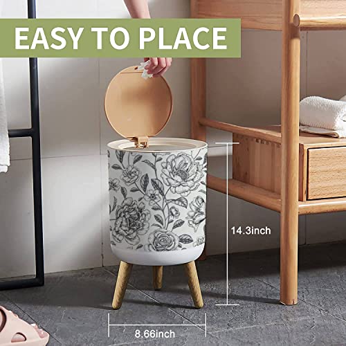 IBPNKFAZ89 Small Trash Can Lid Vintage Seamless Floral Black White Garden Flowers Roses Garbage Bin Wood Waste Bin Press Cover Round Wastebasket Bathroom Kitchen 7L/1.8 Gallon, 8.66x14.3inch