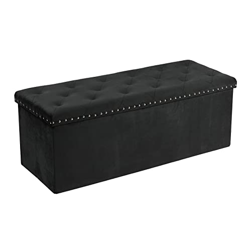 PINPLUS Black Storage Ottoman Bench with Benches Foot Rest Stool, Large Long Folding Velvet Toy Shoes Chest for Bedroom, Living Room, 43.3"x15.7"x15.7"