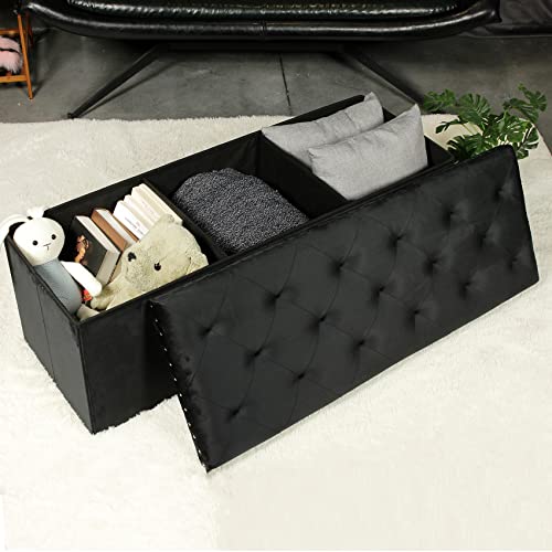 PINPLUS Black Storage Ottoman Bench with Benches Foot Rest Stool, Large Long Folding Velvet Toy Shoes Chest for Bedroom, Living Room, 43.3"x15.7"x15.7"