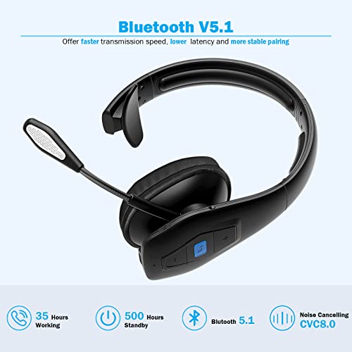 Conambo Noise Cancelling Bluetooth Headset V5.1, 35Hrs HD Talktime CVC8.0 Dual Mic Hands-Free Wireless Headset, Bluetooth Headphones with Mute Button for Cell Phones Business Home Office Trucker