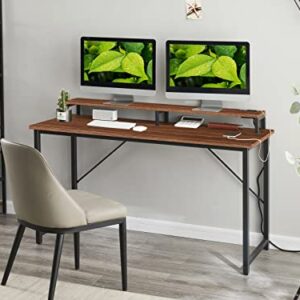 SUPERJARE Computer Desk with Power Outlet, 55 inch Home Office Desks, Industrial Desk with Monitor Shelf, Writing Desk with Wooden Desktop and Metal Frame - Brown