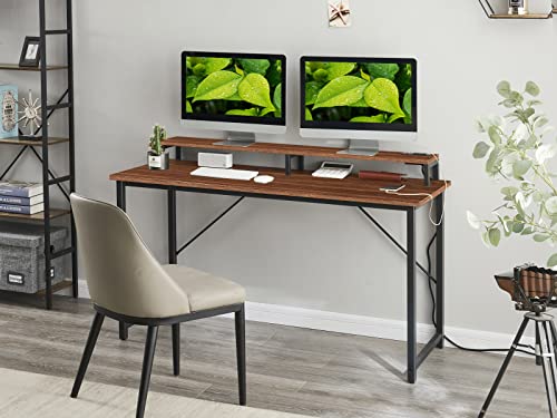 SUPERJARE Computer Desk with Power Outlet, 55 inch Home Office Desks, Industrial Desk with Monitor Shelf, Writing Desk with Wooden Desktop and Metal Frame - Brown