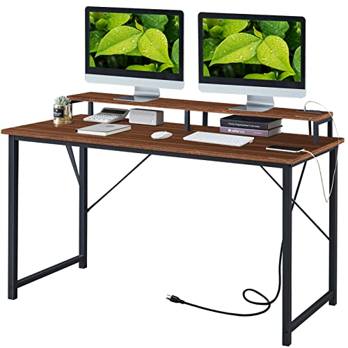 SUPERJARE Computer Desk with Power Outlet, 55 inch Home Office Desks, Industrial Desk with Monitor Shelf, Writing Desk with Wooden Desktop and Metal Frame - Brown