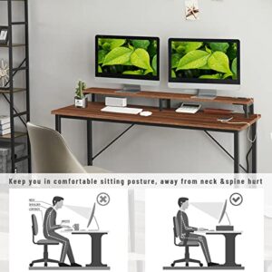 SUPERJARE Computer Desk with Power Outlet, 55 inch Home Office Desks, Industrial Desk with Monitor Shelf, Writing Desk with Wooden Desktop and Metal Frame - Brown