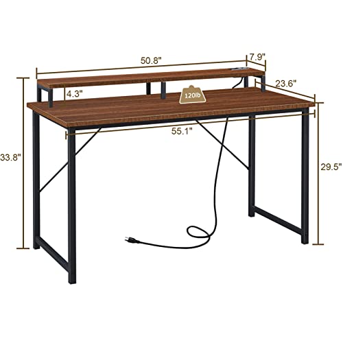 SUPERJARE Computer Desk with Power Outlet, 55 inch Home Office Desks, Industrial Desk with Monitor Shelf, Writing Desk with Wooden Desktop and Metal Frame - Brown