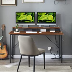 SUPERJARE Computer Desk with Power Outlet, 55 inch Home Office Desks, Industrial Desk with Monitor Shelf, Writing Desk with Wooden Desktop and Metal Frame - Brown