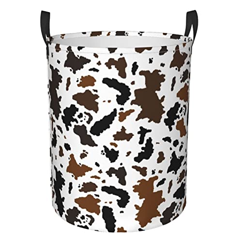 Circular Dirty Clothes Hamper Organizer Pack Black And Brown Cow Print Large Laundry Basket Storage Bag With Handles Collapsible Washing Bin For Home College Dorm Medium