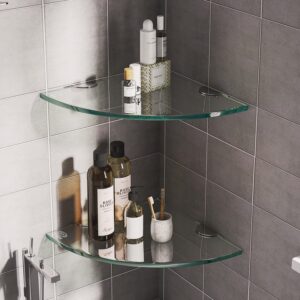 FesGif 4 Pack Glass Shelf Corner Bathroom Storage Organizer Shelf Shower Caddy Shelf Basket Shampoo Holder Tempered Clear Glass Wall Shelves for Kitchen Laundry No Drilling Adhesive Bathroom Shelf