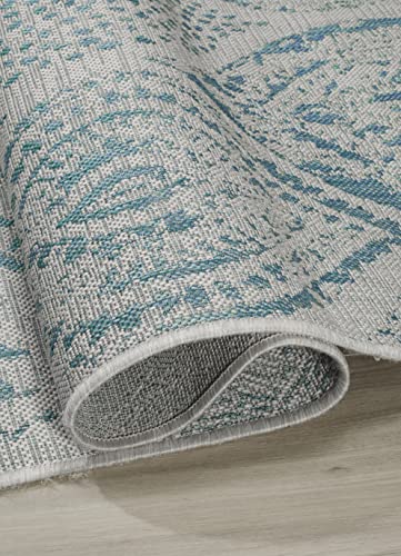 FH Home Flat Woven Outdoor Rug - Waterproof, Easy to Clean, Stain resistant - Premium Polypropylene Yarn - Distressed Farmhouse - Porch, Deck,Balcony,Laundry Room - Granada - Aqua - 2ft 7in x 4ft 11in