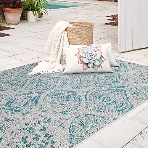 FH Home Flat Woven Outdoor Rug - Waterproof, Easy to Clean, Stain resistant - Premium Polypropylene Yarn - Distressed Farmhouse - Porch, Deck,Balcony,Laundry Room - Granada - Aqua - 2ft 7in x 4ft 11in