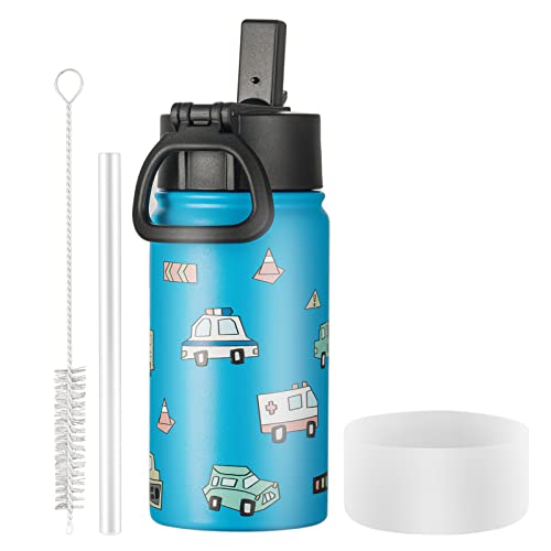 SEMOZOZO Water Bottle with Straw, Kids Water Bottle with Wide Rotating Handle Straw Lid, Wide Mouth Vacuum Insulated Stainless Steel Water Bottle for school ，The blue car