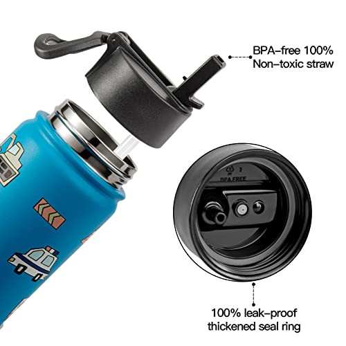 SEMOZOZO Water Bottle with Straw, Kids Water Bottle with Wide Rotating Handle Straw Lid, Wide Mouth Vacuum Insulated Stainless Steel Water Bottle for school ，The blue car