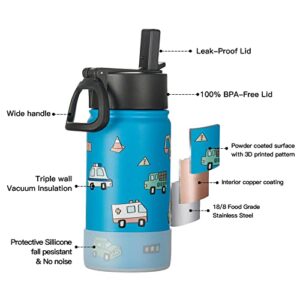 SEMOZOZO Water Bottle with Straw, Kids Water Bottle with Wide Rotating Handle Straw Lid, Wide Mouth Vacuum Insulated Stainless Steel Water Bottle for school ，The blue car