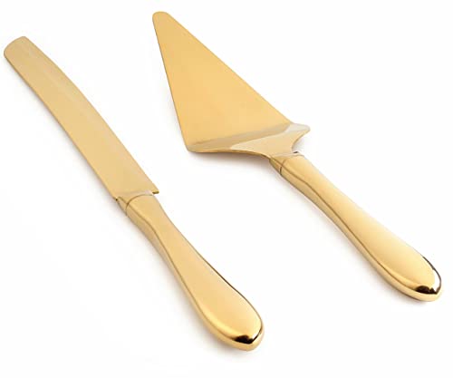 Gold Stainless Steel Cake Serving Set - Cake Knife and Server - Cake Serving Set With Serrated Blade for Easier Cutting - Holidays, Birthdays, Wedding, Anniversary