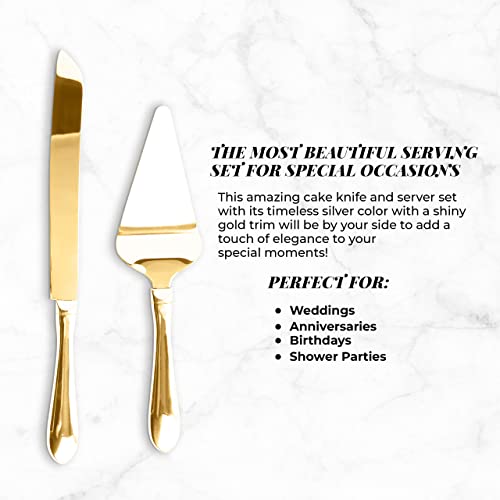 Gold Stainless Steel Cake Serving Set - Cake Knife and Server - Cake Serving Set With Serrated Blade for Easier Cutting - Holidays, Birthdays, Wedding, Anniversary