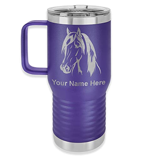 LaserGram 20oz Vacuum Insulated Travel Mug with Handle, Horse Head 1, Personalized Engraving Included (Dark Purple)