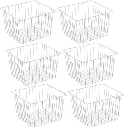 Redrubbit Deep Refrigerator Freezer Baskets, Wire Storage Basket Bins Organizer Large Household with Handles for Kitchen, Pantry, Freezer, Cabinet, Closets, Set of 6, White