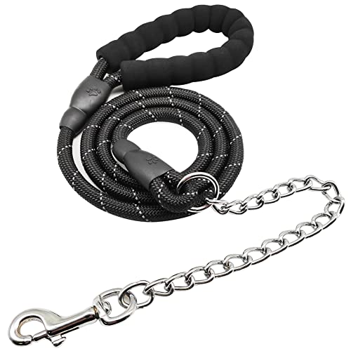 BTINESFUL 6FT Chewproof Dog Leash, Strong Nylon Rope with Anti-Chewing Chain and Padded Handle for Medium Large Dogs Outdoor Training Walking Hiking Black