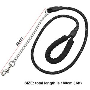 BTINESFUL 6FT Chewproof Dog Leash, Strong Nylon Rope with Anti-Chewing Chain and Padded Handle for Medium Large Dogs Outdoor Training Walking Hiking Black