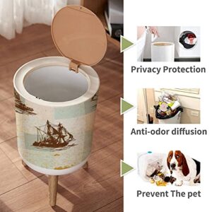 Small Trash Can with Lid Sailing ships in vintage style Old caravel abstract seamless on the Garbage Bin Wood Waste Bin Press Cover Round Wastebasket for Bathroom Bedroom Kitchen 7L/1.8 Gallon