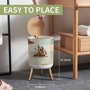 Small Trash Can with Lid Sailing ships in vintage style Old caravel abstract seamless on the Garbage Bin Wood Waste Bin Press Cover Round Wastebasket for Bathroom Bedroom Kitchen 7L/1.8 Gallon