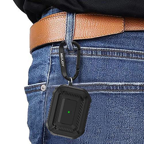 Maxjoy for Airpods Pro Case Cover with Lock, Airpods Pro Protective Case for Men Armor Hard Rugged Shockproof Cover with Keychain Compatible with Apple Airpods Pro 2019 Front LED Visible, Black