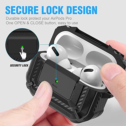 Maxjoy for Airpods Pro Case Cover with Lock, Airpods Pro Protective Case for Men Armor Hard Rugged Shockproof Cover with Keychain Compatible with Apple Airpods Pro 2019 Front LED Visible, Black