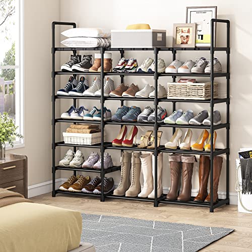 7 Tiers Large Shoe Rack, 38-42 Pairs Large Metal Boot Shelf 3 Rows Shoe Organizer Stackable Shoe Storage Cabinet Top with Waterproof PP Plastic Sheet Space Saving for Entryway Room Organization