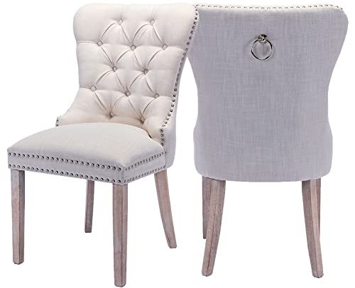 Kmax Linen Elegant Upholstered Dining Chairs, Fabric Armless Accent Chair with Ring Pull Solid Wood Legs, Set of 2 - Beige