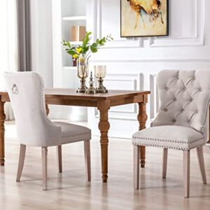 Kmax Linen Elegant Upholstered Dining Chairs, Fabric Armless Accent Chair with Ring Pull Solid Wood Legs, Set of 2 - Beige