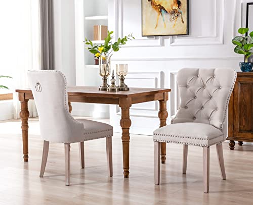 Kmax Linen Elegant Upholstered Dining Chairs, Fabric Armless Accent Chair with Ring Pull Solid Wood Legs, Set of 2 - Beige