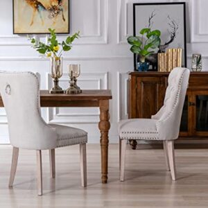 Kmax Linen Elegant Upholstered Dining Chairs, Fabric Armless Accent Chair with Ring Pull Solid Wood Legs, Set of 2 - Beige