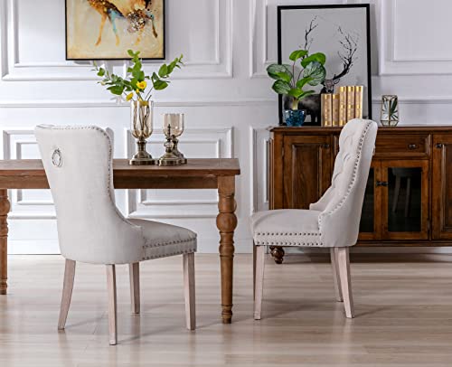 Kmax Linen Elegant Upholstered Dining Chairs, Fabric Armless Accent Chair with Ring Pull Solid Wood Legs, Set of 2 - Beige