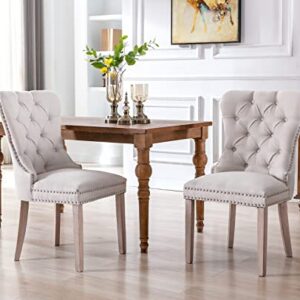 Kmax Linen Elegant Upholstered Dining Chairs, Fabric Armless Accent Chair with Ring Pull Solid Wood Legs, Set of 2 - Beige